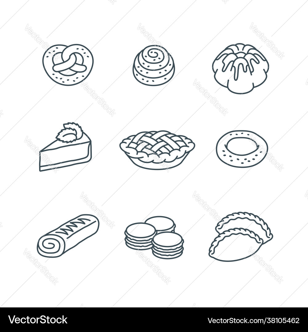 Different sweet pastry items simple linear icons Vector Image