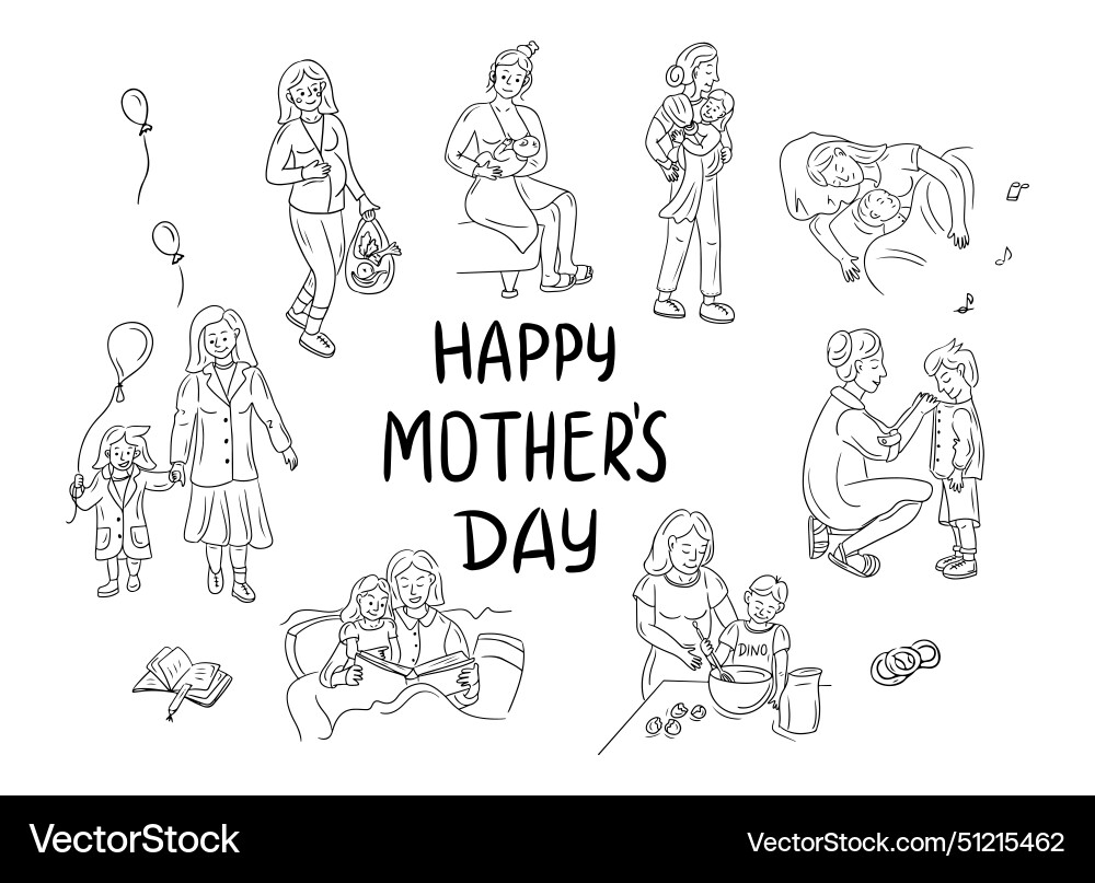 Happy mothers day doodle contour set Royalty Free Vector