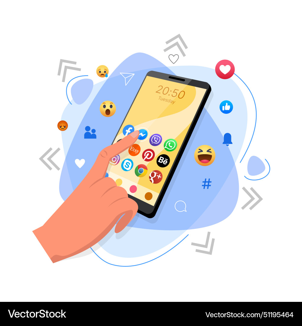 Hand using smart phone with social media icons on Vector Image