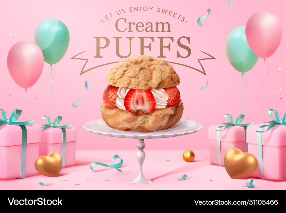 3d strawberry cream puff ad banner Royalty Free Vector Image