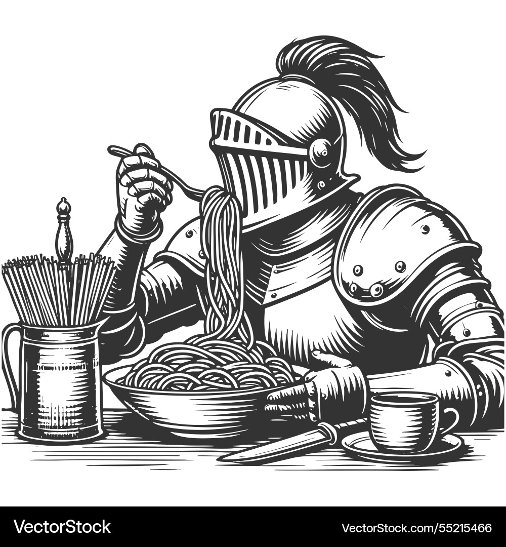 Knight in armor eating spaghetti engraving Vector Image