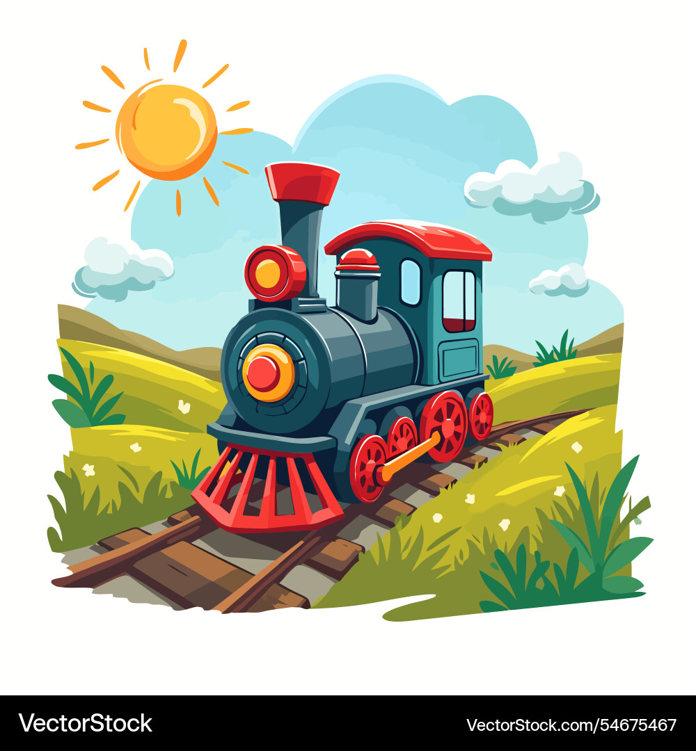 A cartoon train is traveling through Royalty Free Vector