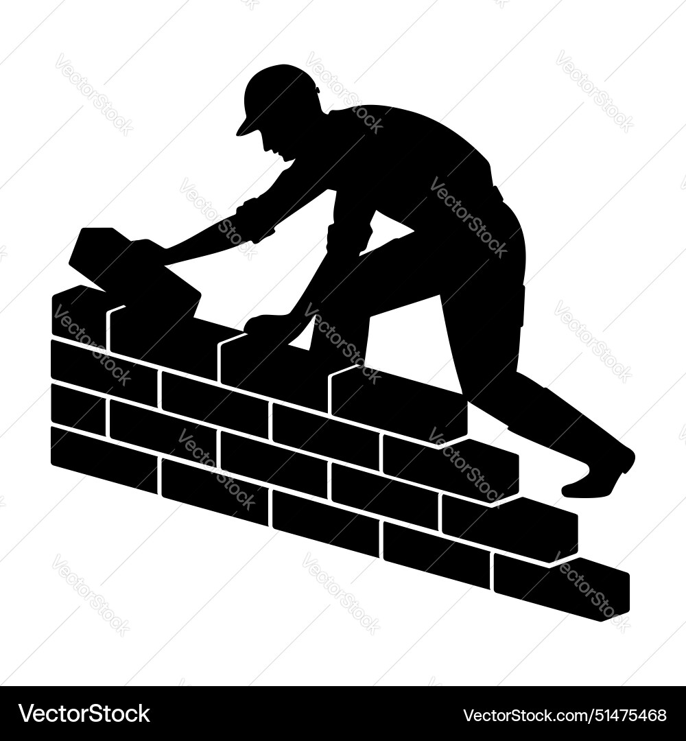 Silhouette of a bricklayer building brick wall Vector Image