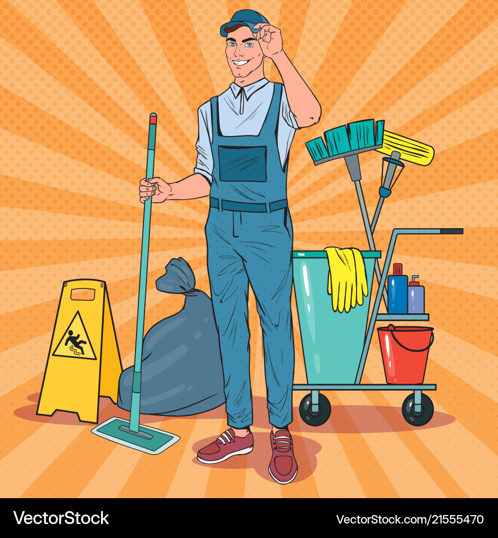 Pop art cleaner in uniform with mop cleaning Vector Image