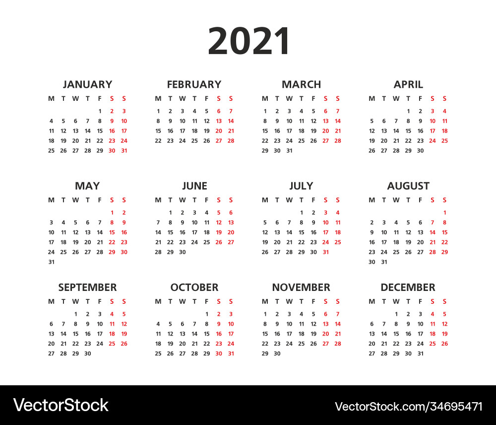 2021 yearly calendar Royalty Free Vector Image