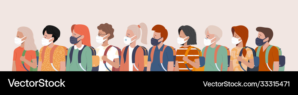 Children Wearing Masks - Back to School Concept Vector Image