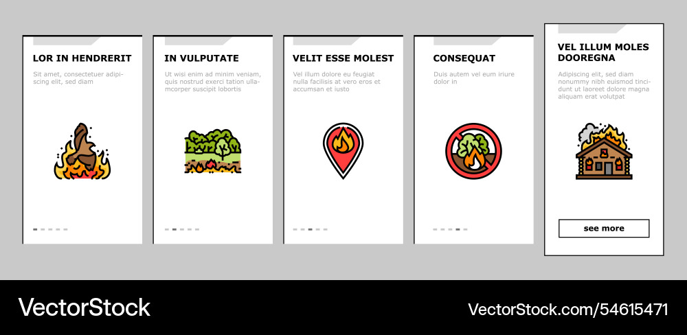 Wildfire blaze firestorm burn onboarding icons set