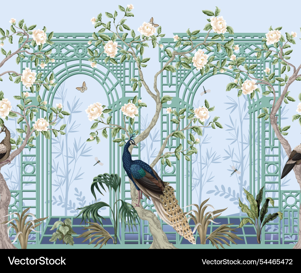 Border with peacocks peonies and alcove Royalty Free Vector