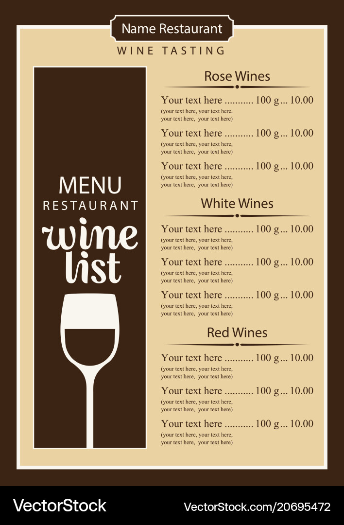 Wine list menu with glass of and price Royalty Free Vector