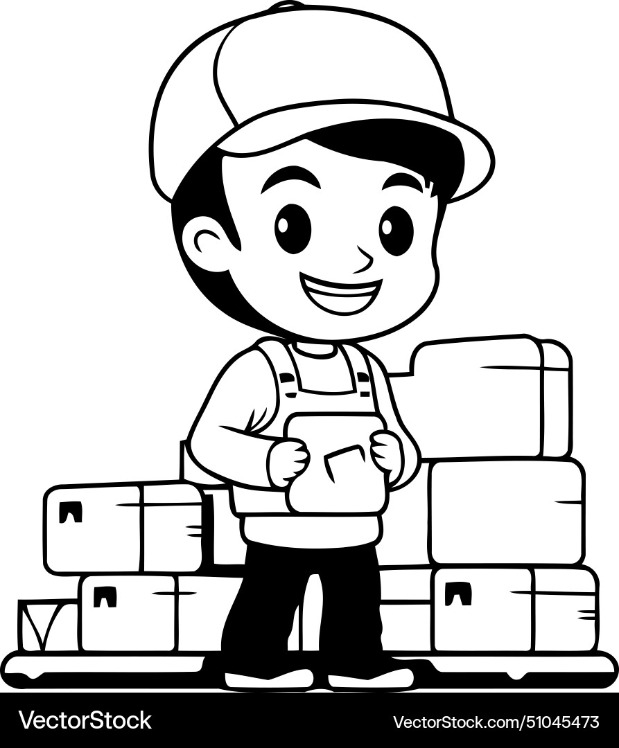 Cute cartoon smiling delivery boy with boxes Vector Image