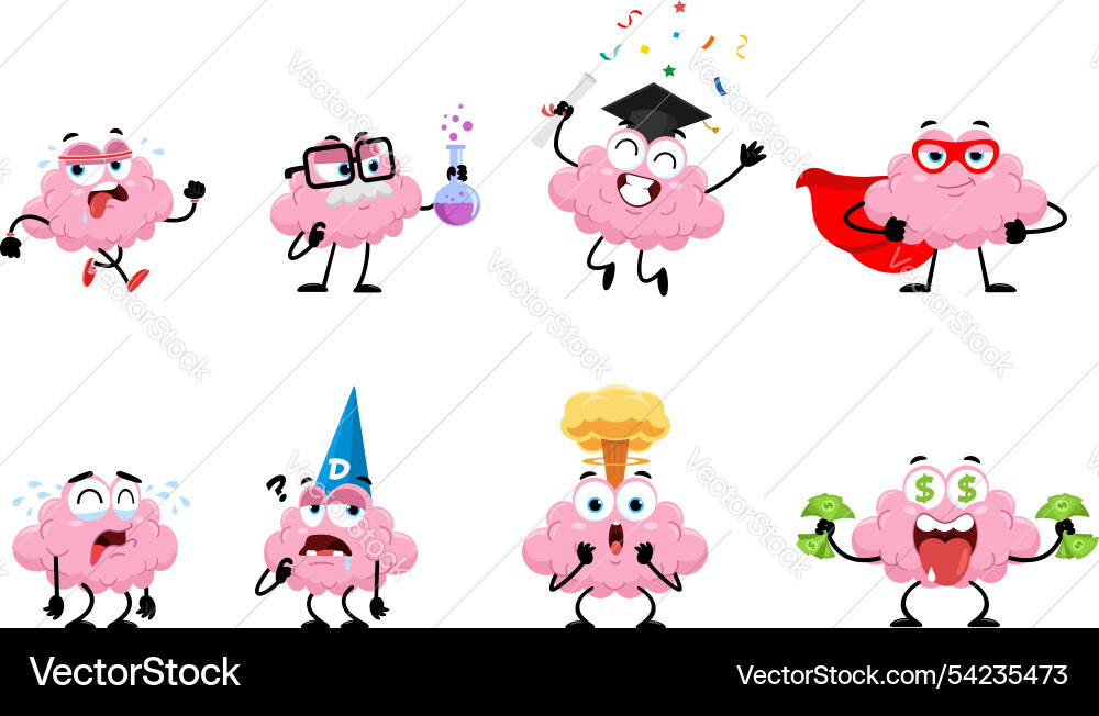 Funny brain cartoon character collection set Vector Image