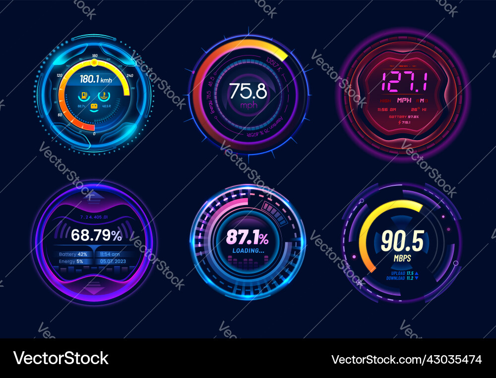 Car speedometer gauges neon light panel dials Vector Image