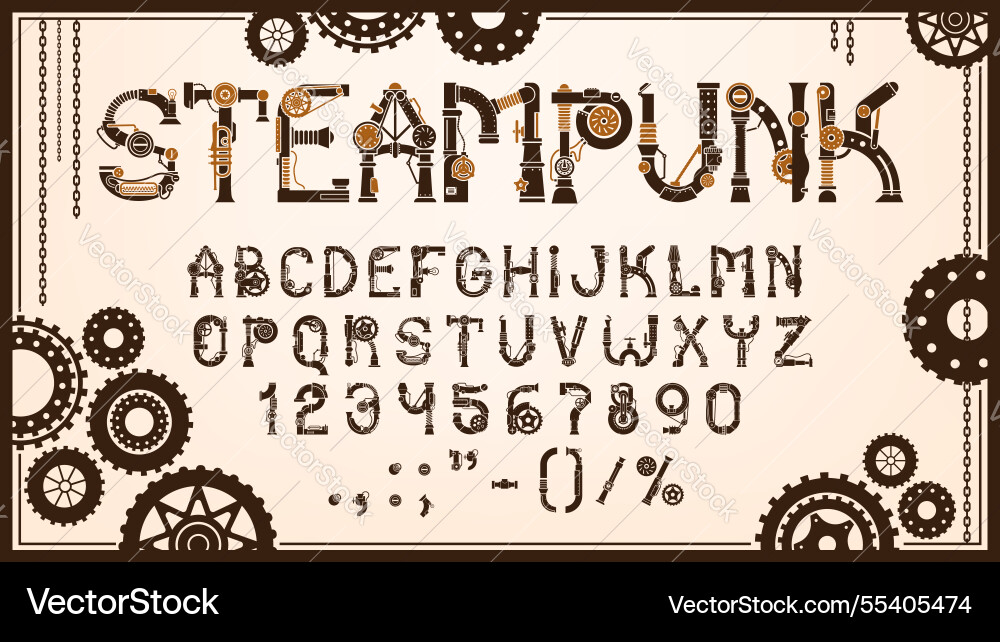 Steampunk gear font mechanic machine typeface Vector Image