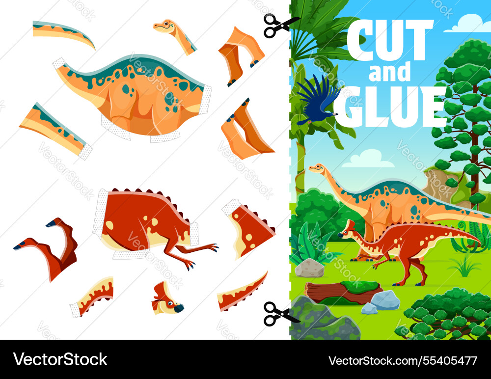 Cut and glue prehistoric dinosaurs kids game Vector Image