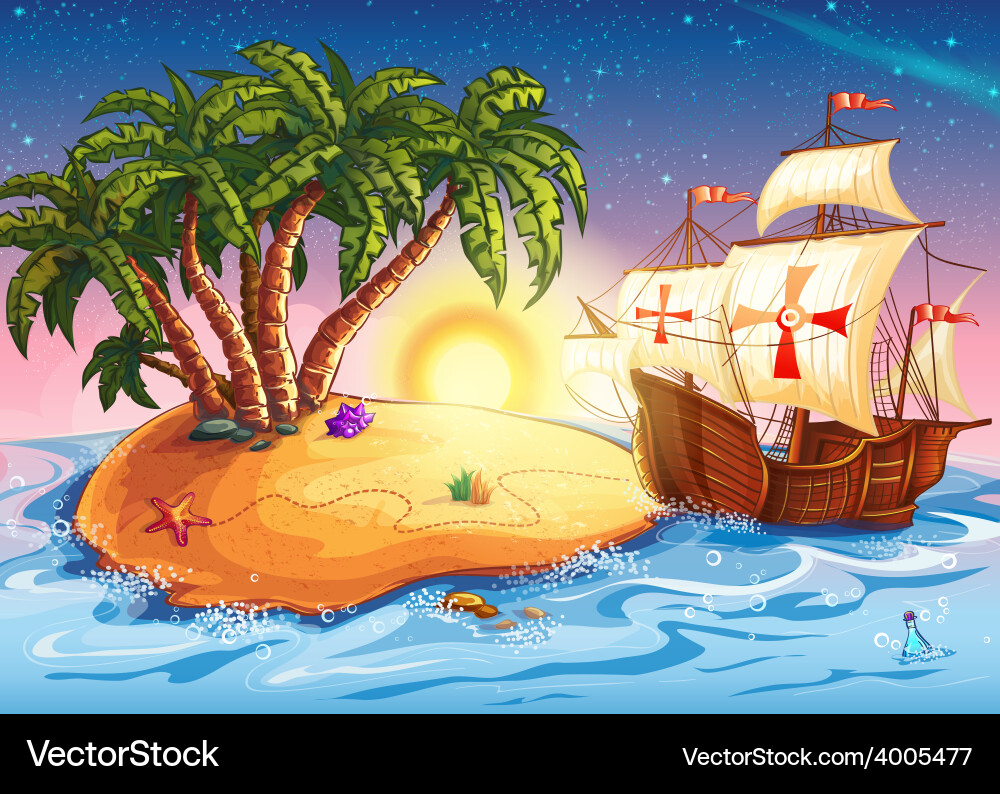 Island with the explorer ship Royalty Free Vector Image