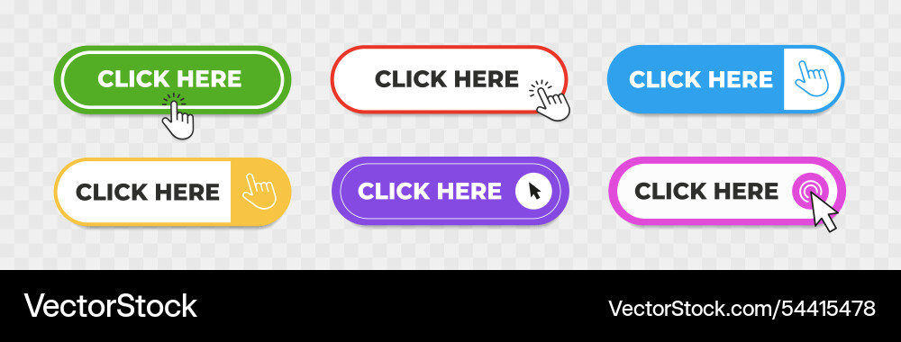 Click here button with pointer clicking web Vector Image