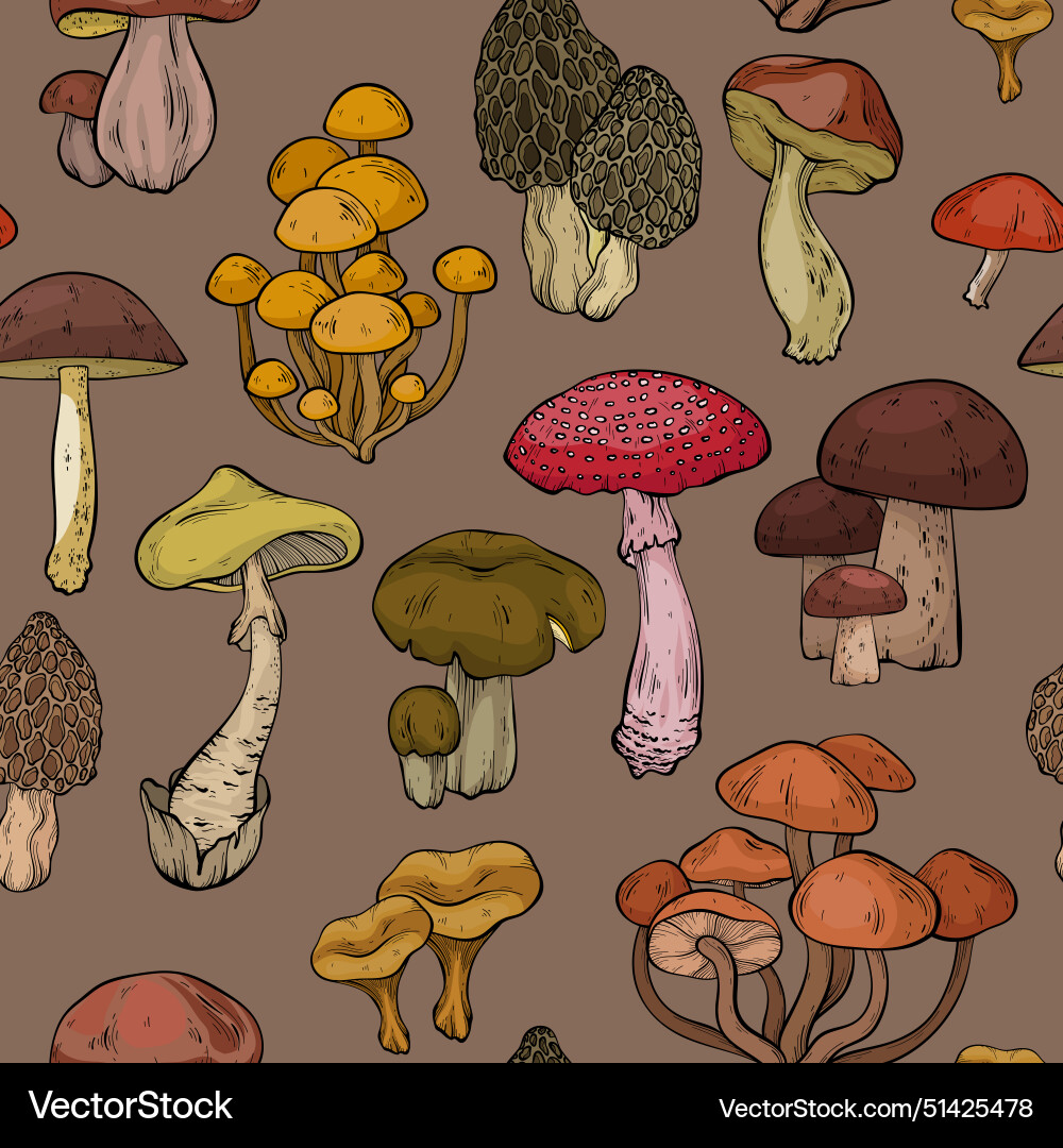 Seamless pattern with different mushrooms on brown
