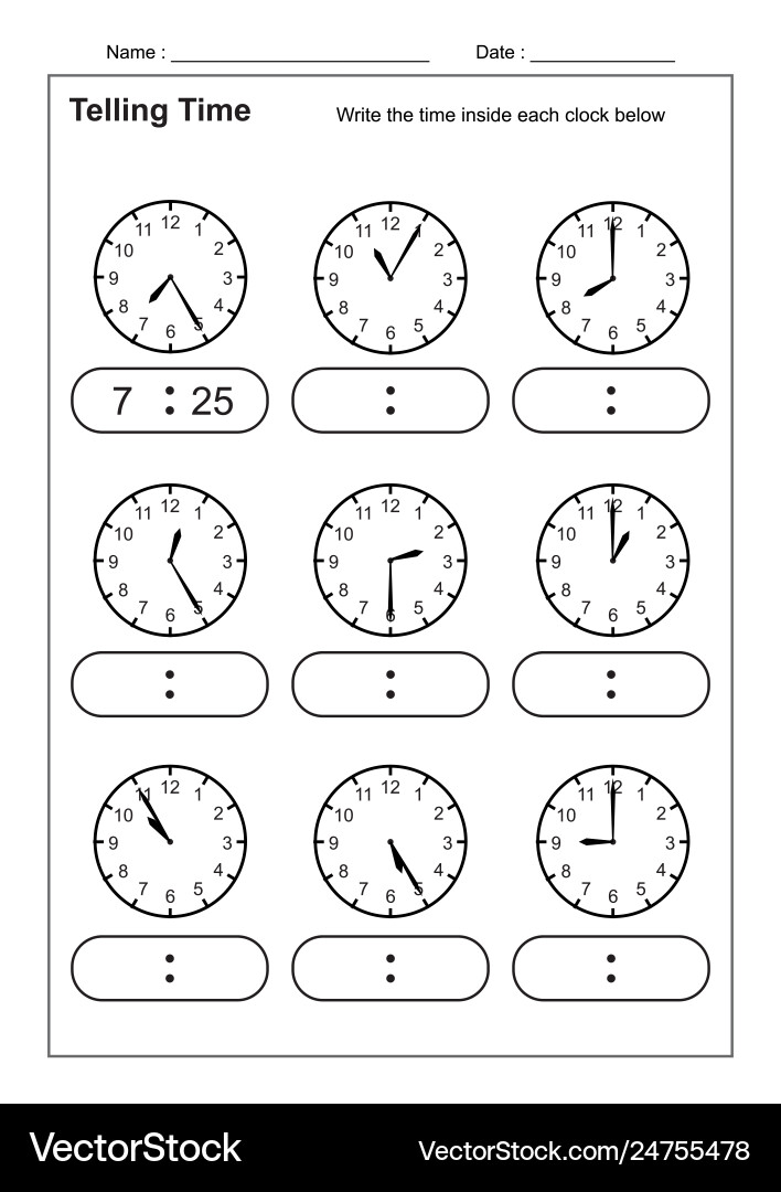 Telling time practice for kid Royalty Free Vector Image