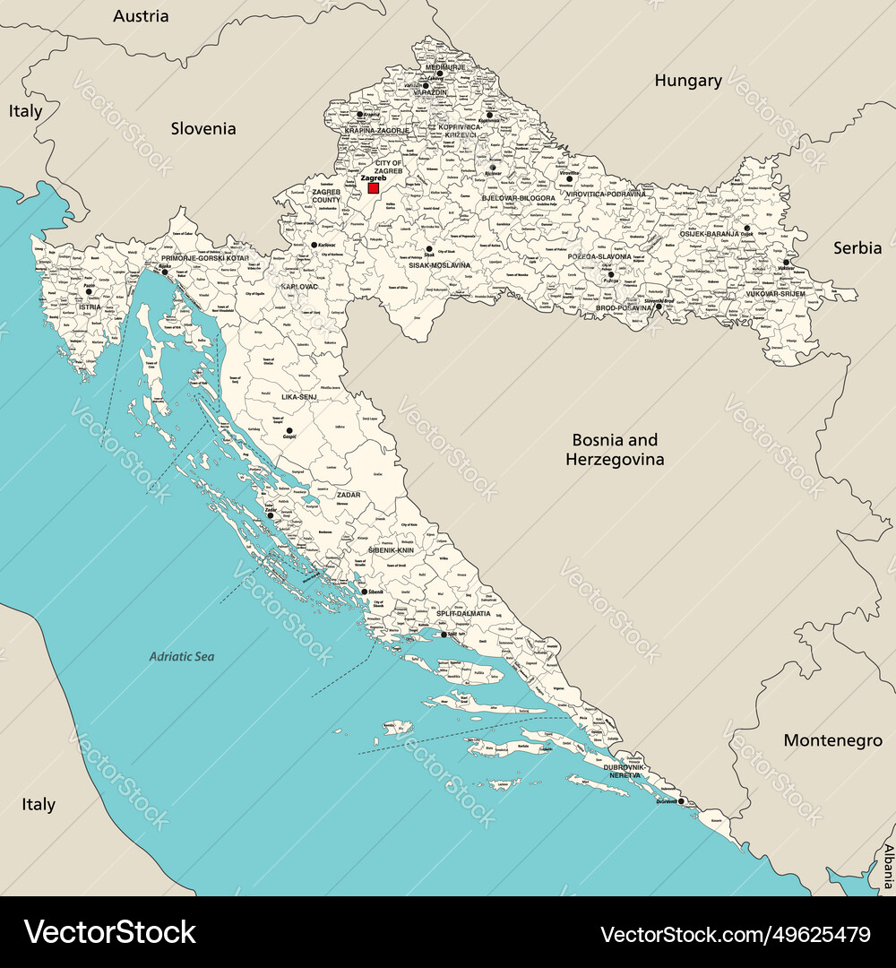Croatia administrative divisions detailed map Vector Image