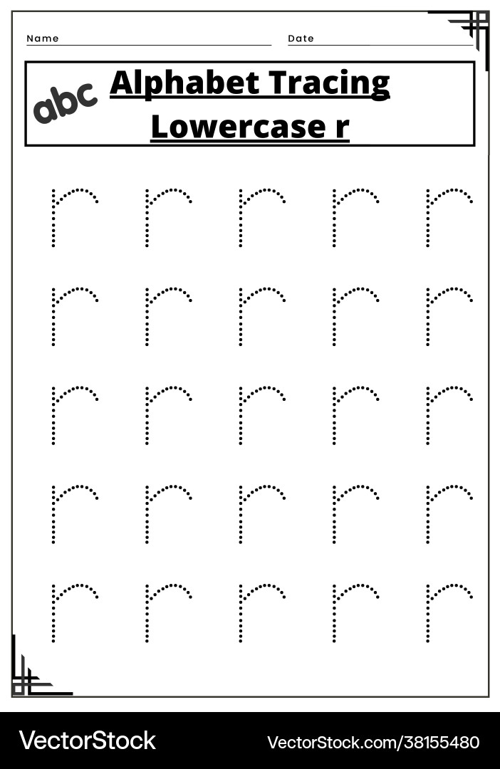 Alphabet tracing lower case r worksheet Royalty Free Vector