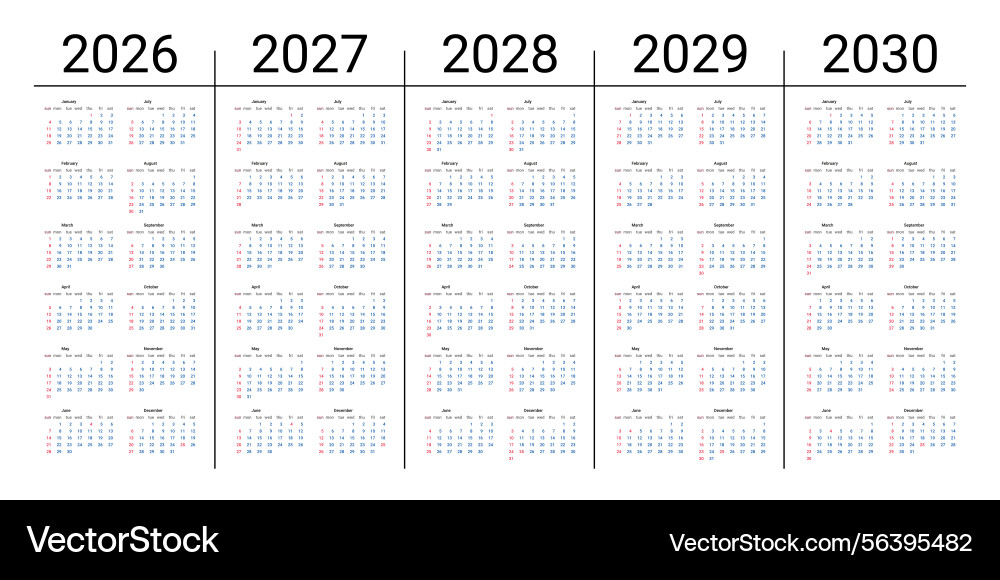 Five year calendar 2026 to 2030 with simple Vector Image