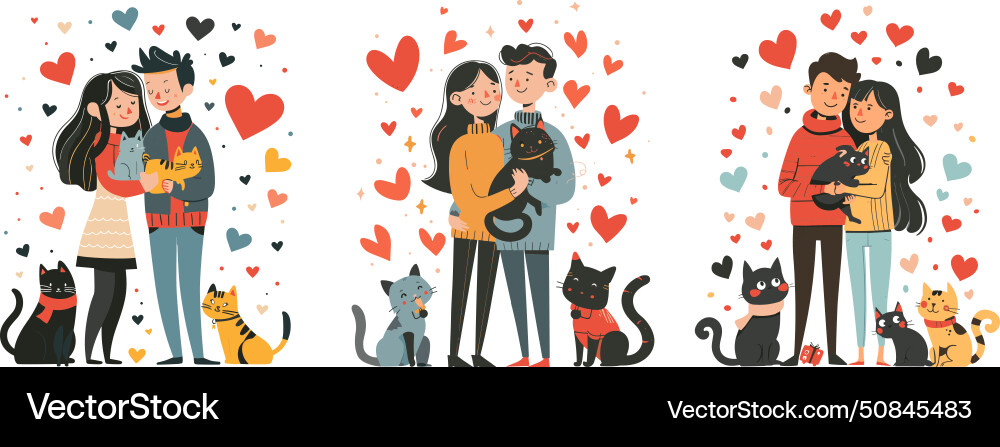 Love cats scenes doodle man Royalty Free Vector Image