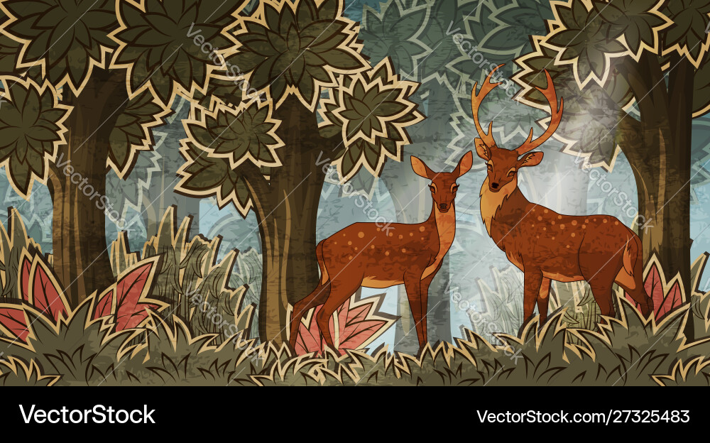 Two deers in forest cartoon style Royalty Free Vector Image