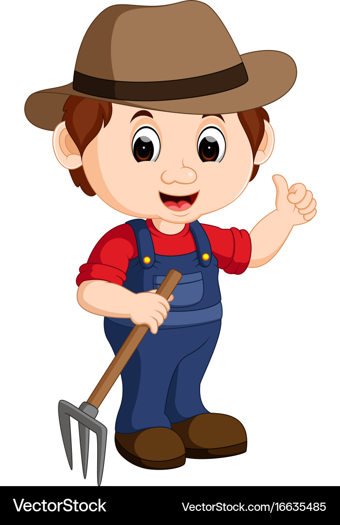 Cartoon young farmer holding rake Royalty Free Vector Image