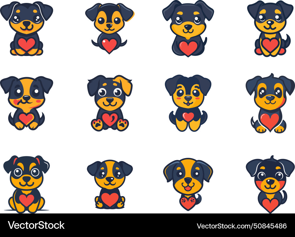Love dog logo flat set colored puppies Royalty Free Vector