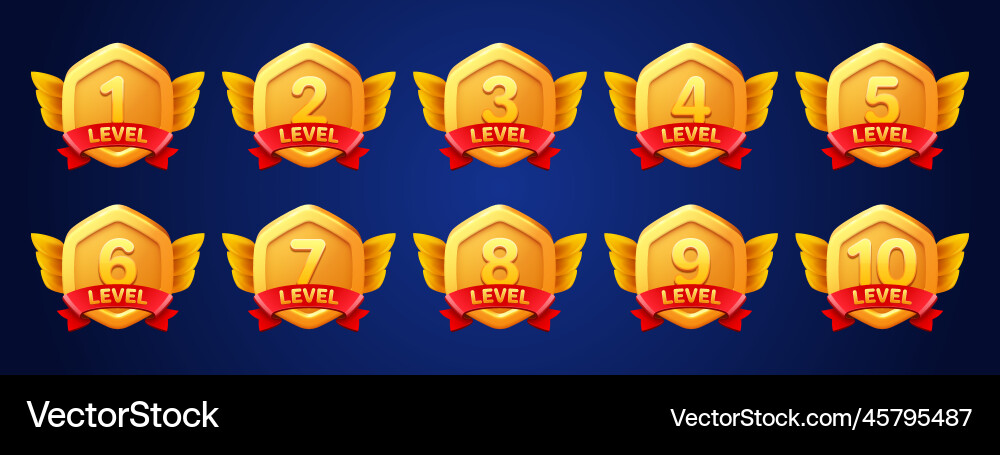 Game gold badges with level number Royalty Free Vector Image