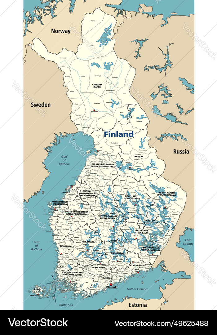 Finland Municipal Map with Regional Capitals Vector Image