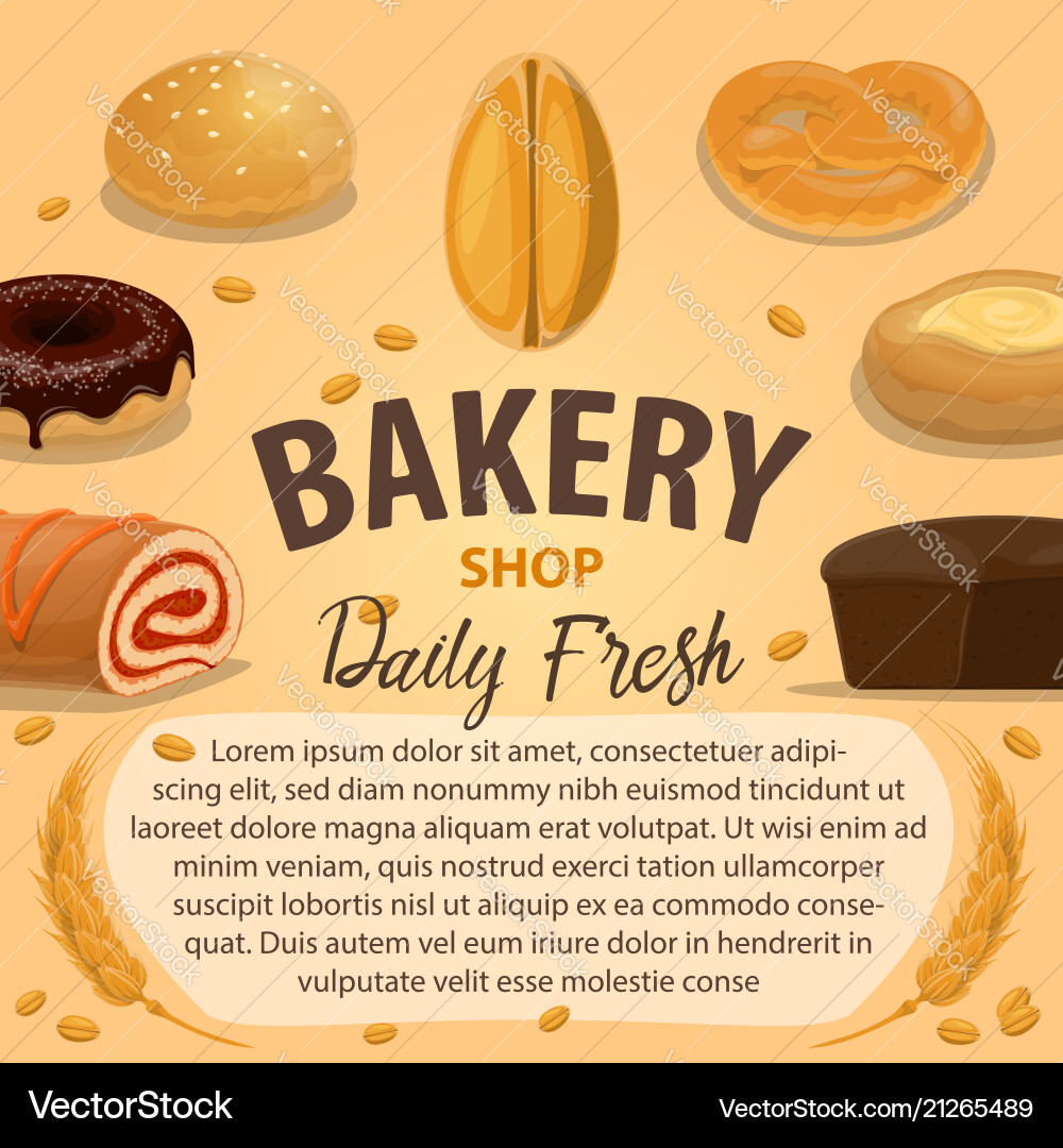Bakery product poster with wheat bread and pastry Vector Image