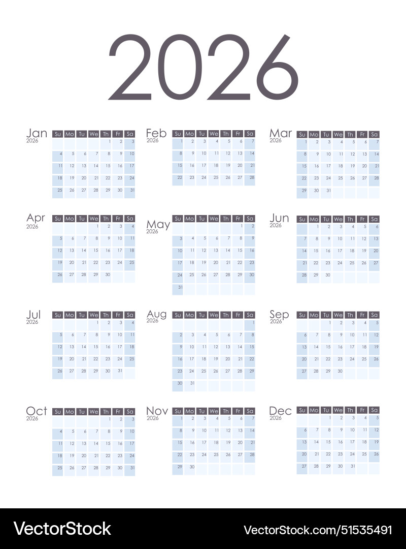 Calendar 2026 vertical week starts on sunday Vector Image