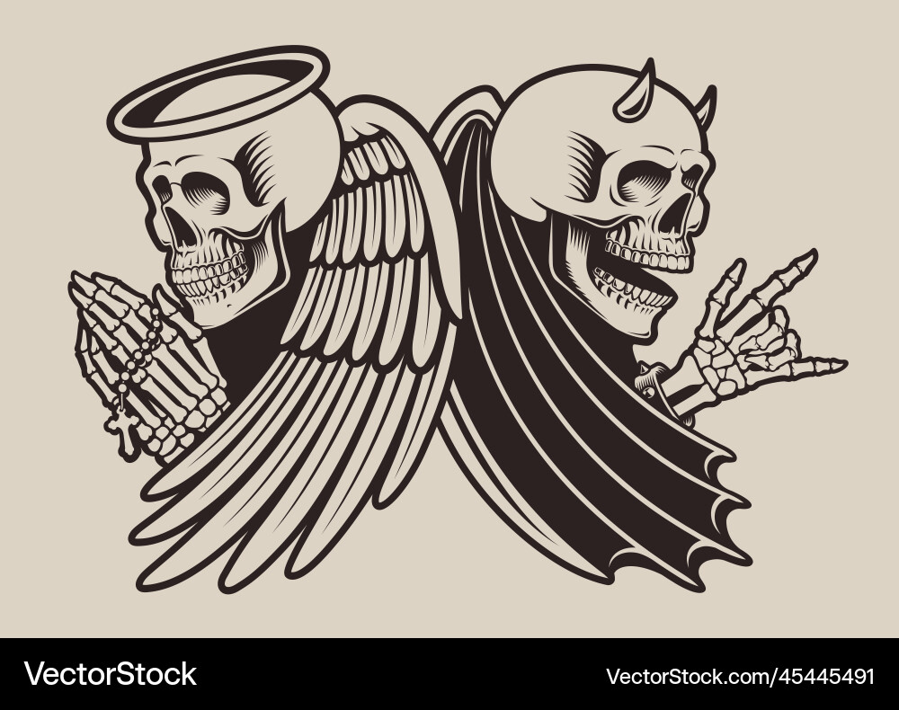Vintage biker skull angel and devil with wings Vector Image