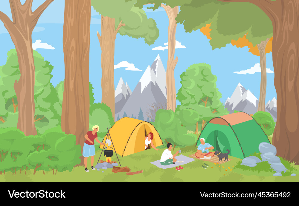 Friends camp in forest cartoon Royalty Free Vector Image