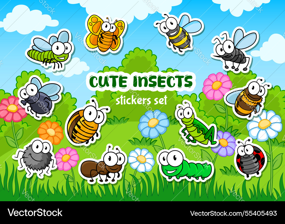 Colorful Insect Stickers - Cute Bugs Royalty Free Vector