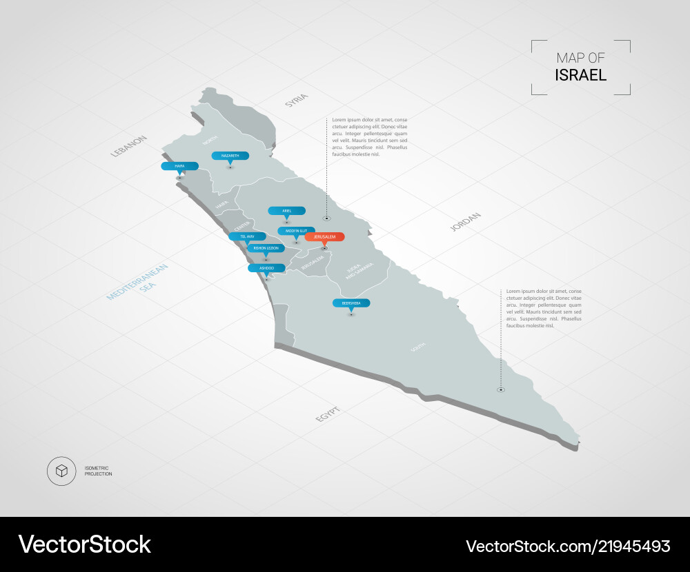 Isometric israel map with city names Royalty Free Vector
