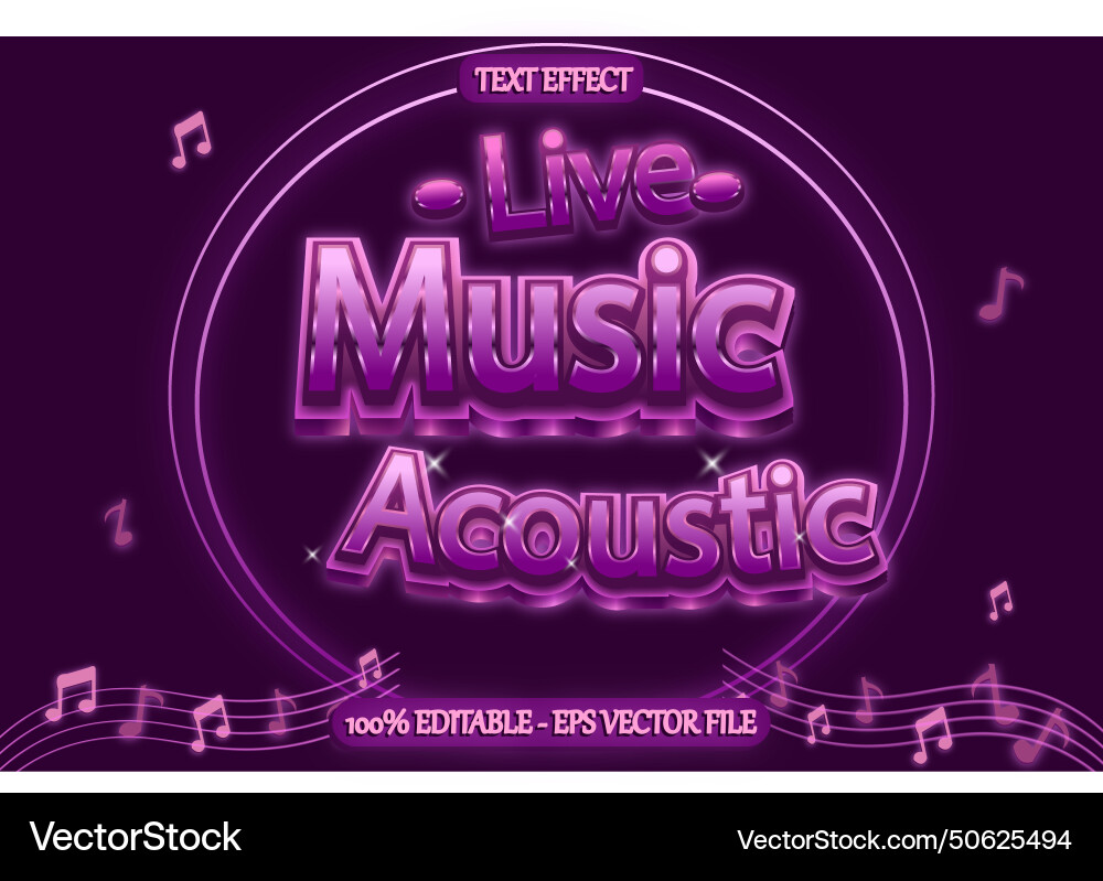 Live music acoustic editable text effect 3d Vector Image