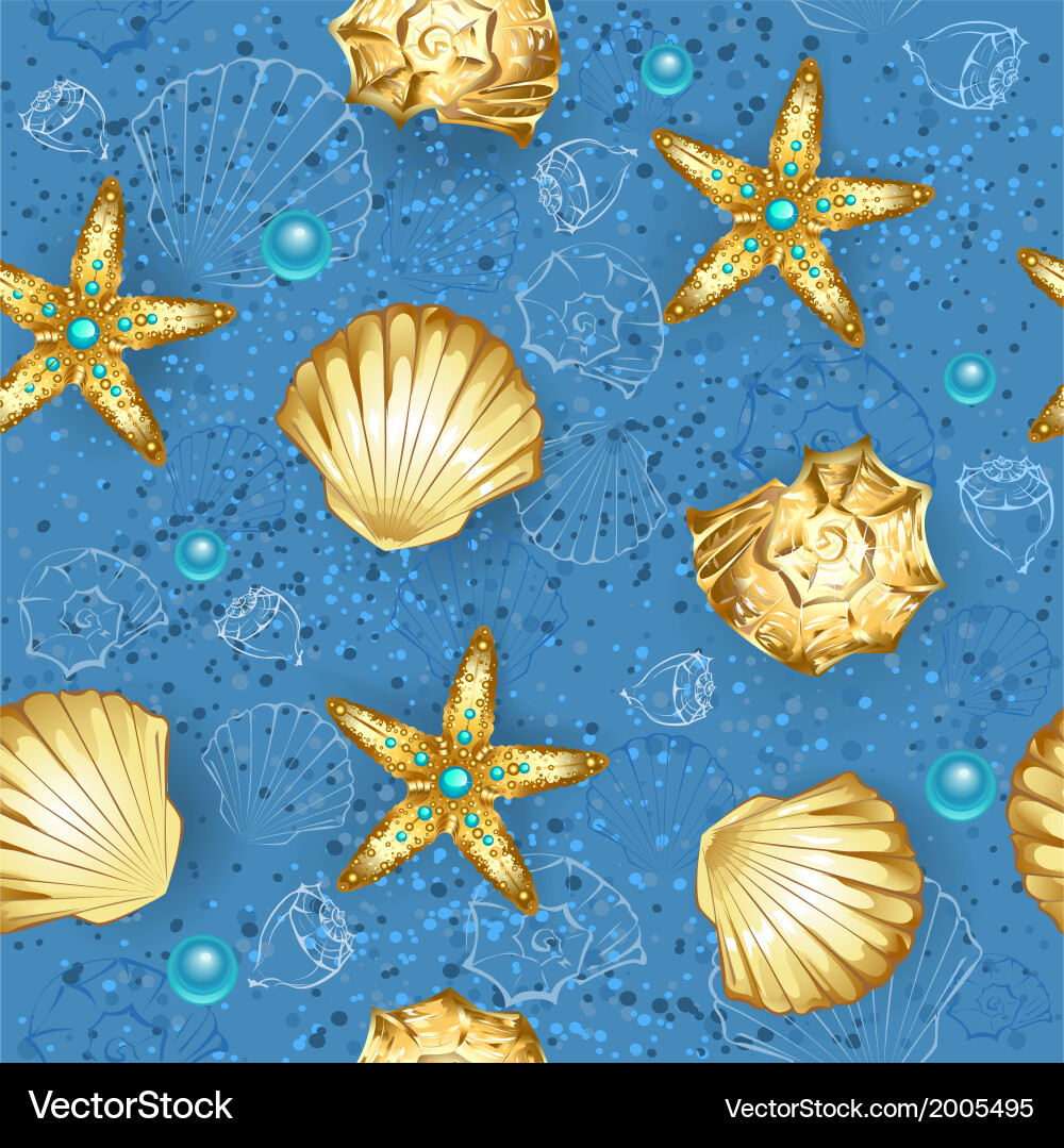 Blue seamless of gold seashells Royalty Free Vector Image