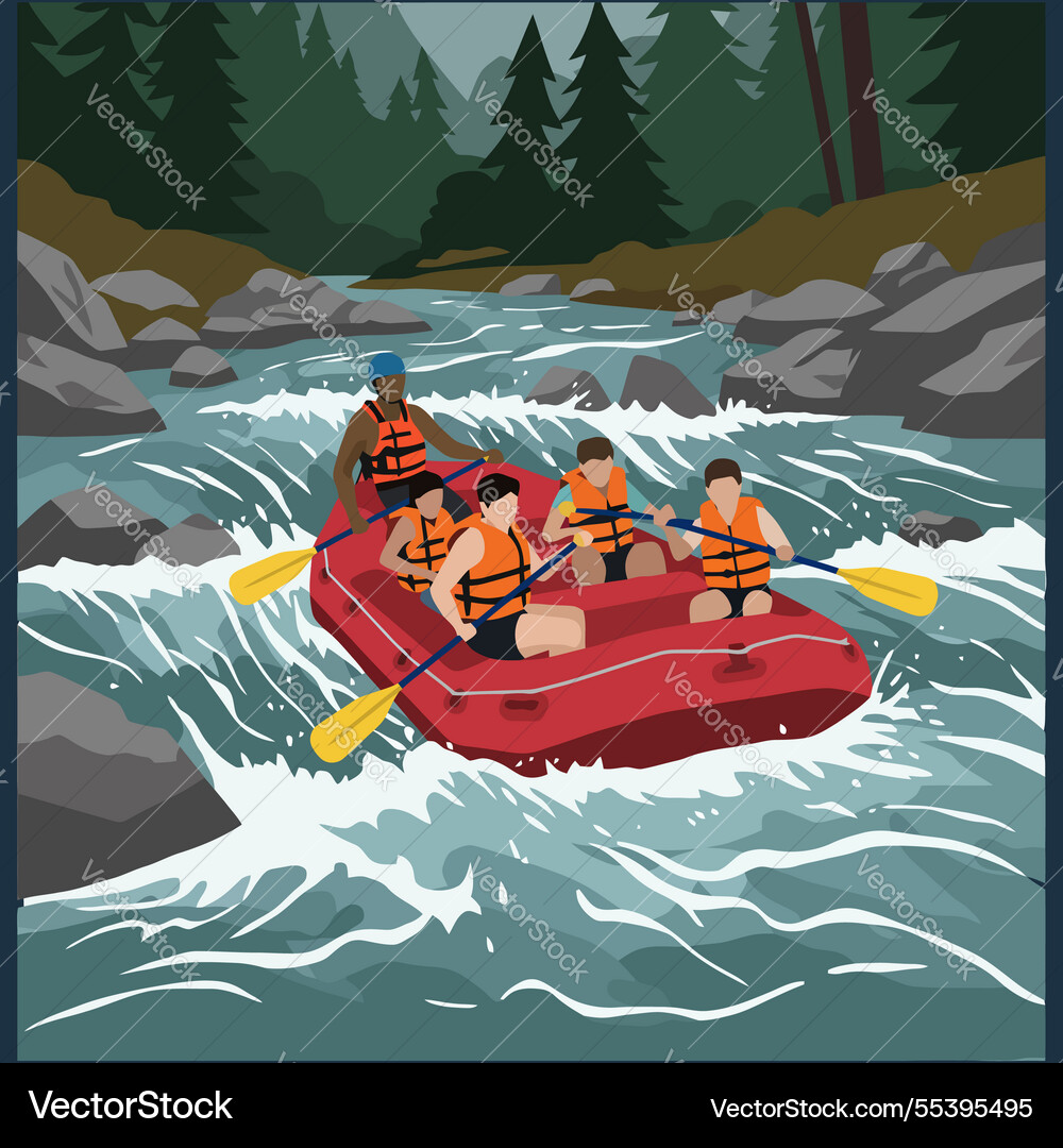 Rafting trip on river with people enjoying Vector Image