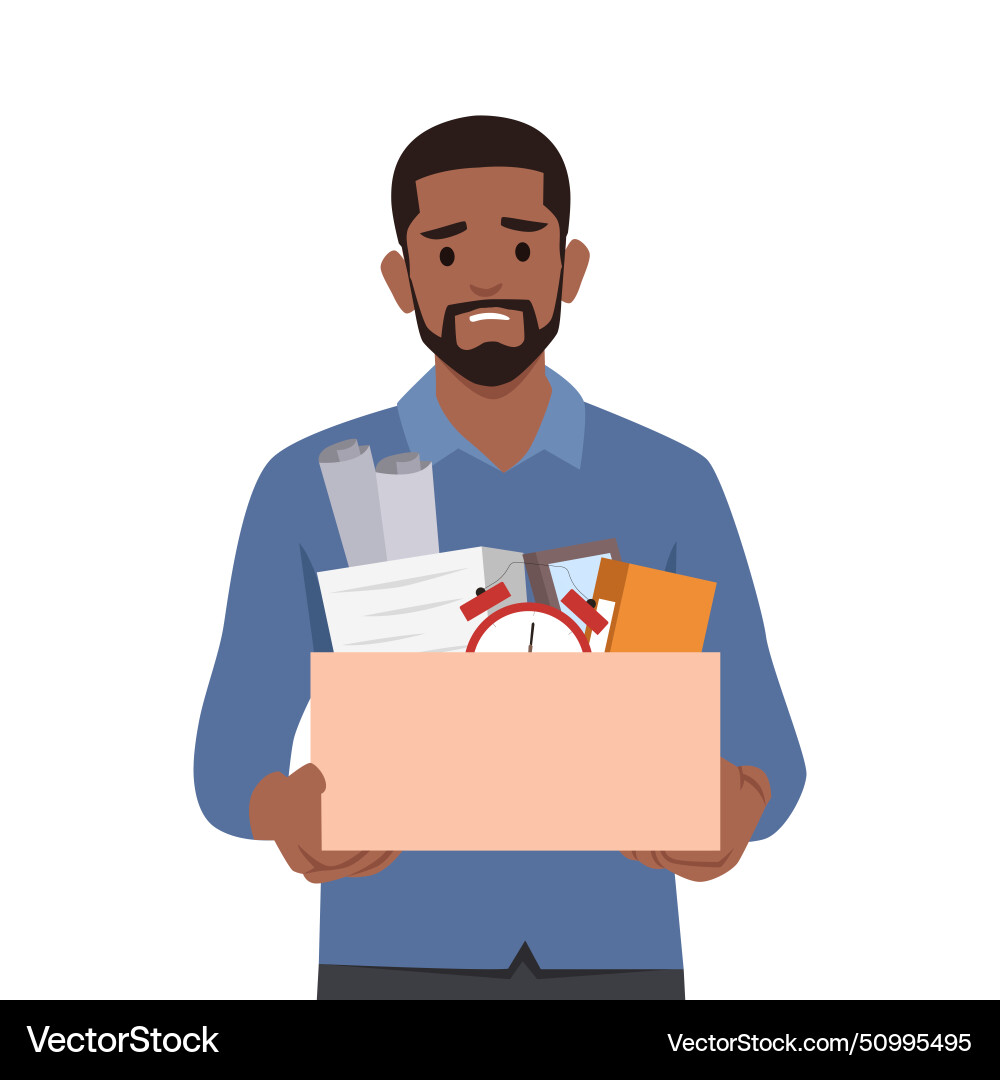 Young man character holding a box with his things Vector Image