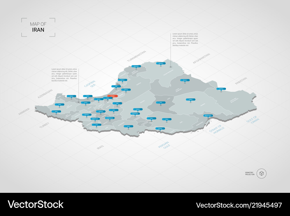 Isometric iran map with city names Royalty Free Vector Image