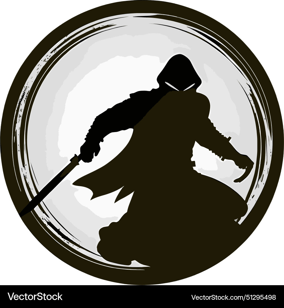 Black silhouette of samurai in a circle on white Vector Image