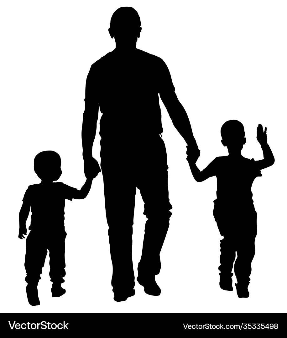 Dad and two sons walking street silhouette Vector Image