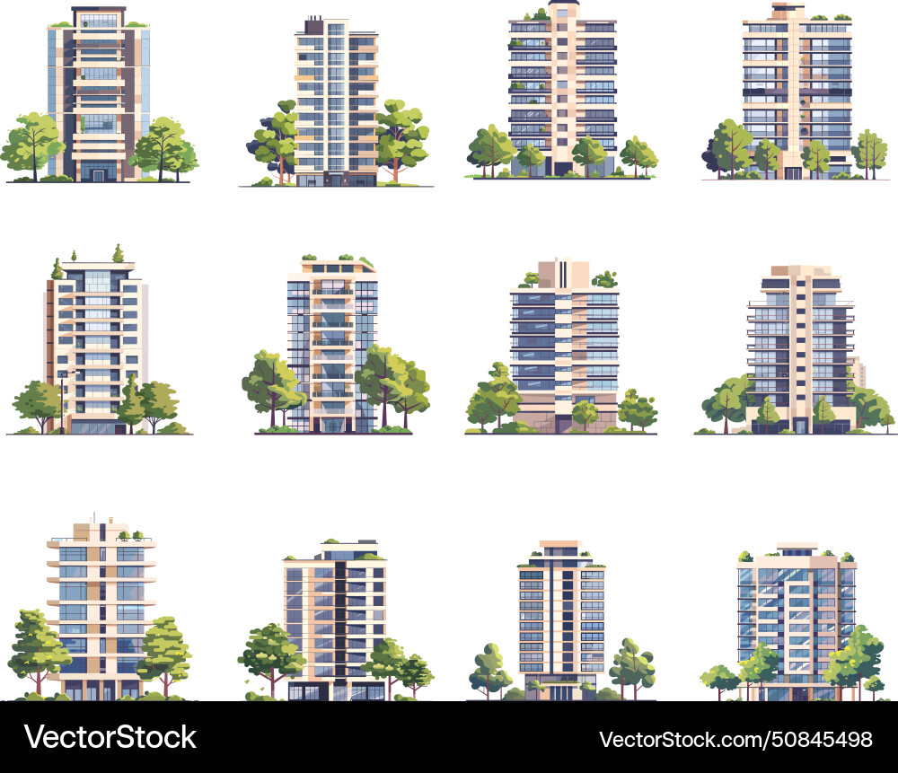 Multistorey buildings cartoon set modern Vector Image