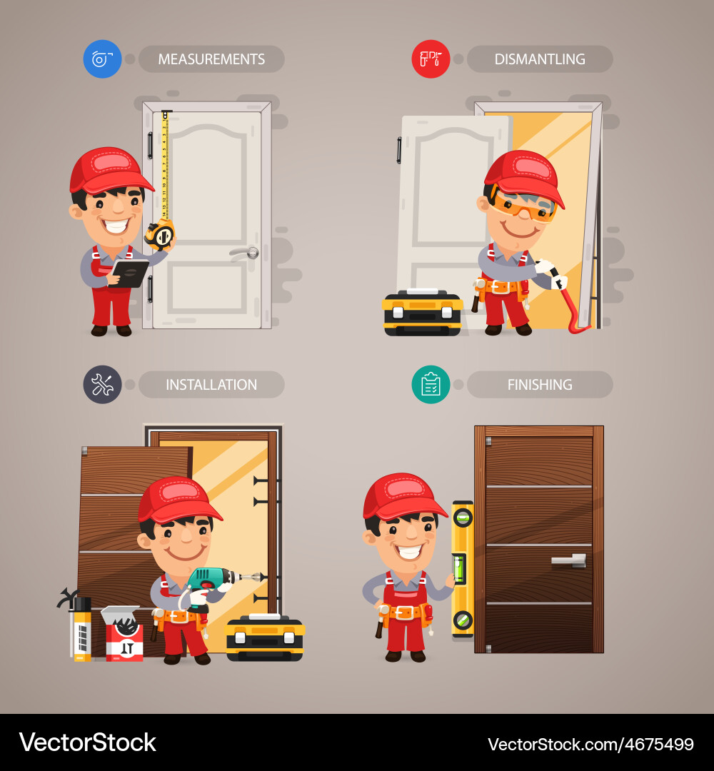 Door installation step by with handyman Royalty Free Vector