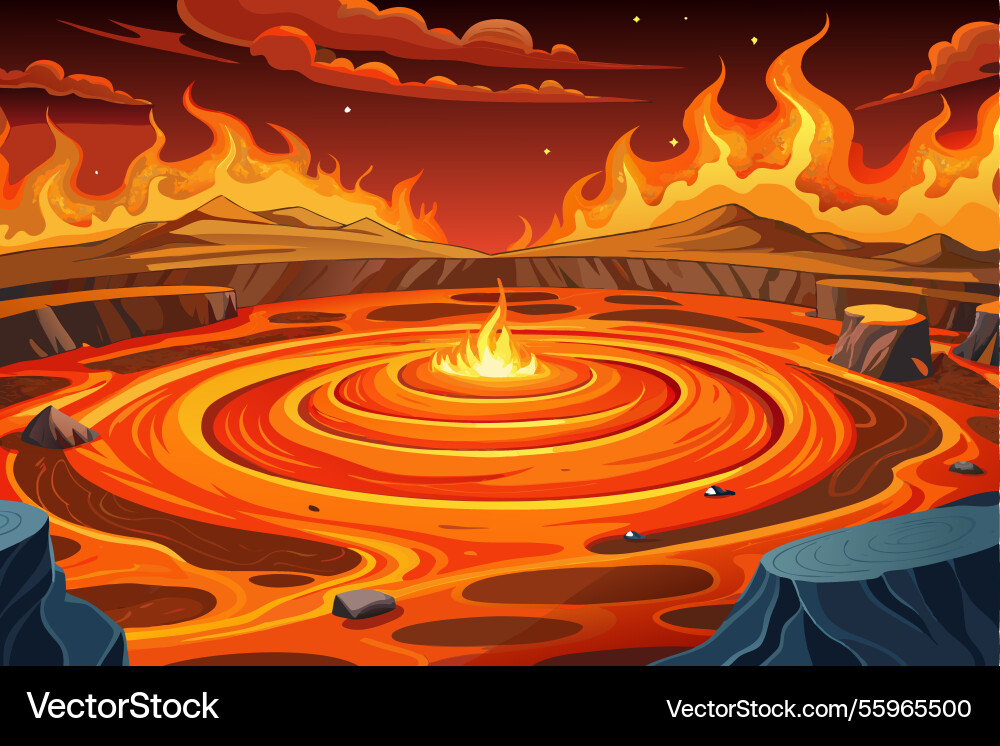 Fiery lava circle surrounded by active volcanoes Vector Image