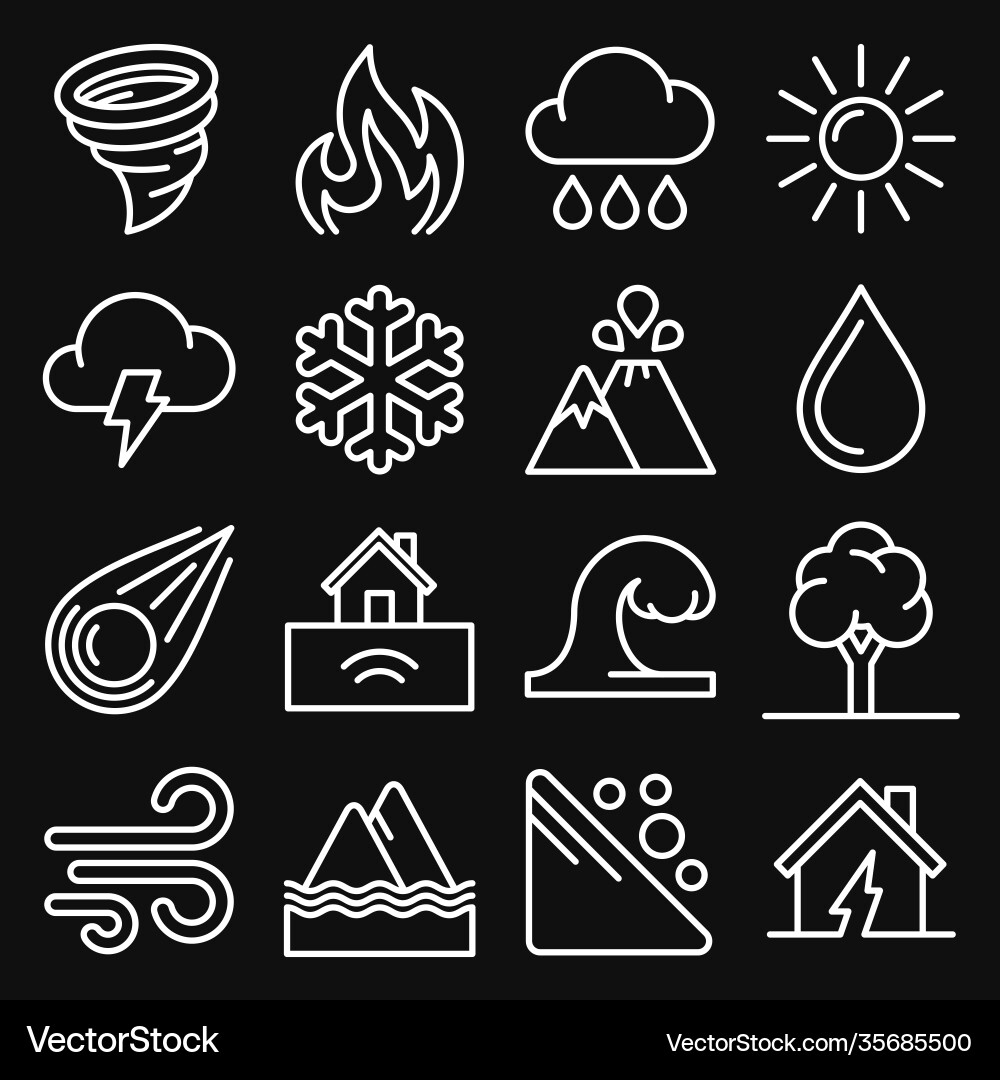 Natural disaster icons set on black background Vector Image