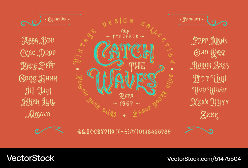 Font catch the waves letters and numbers Vector Image