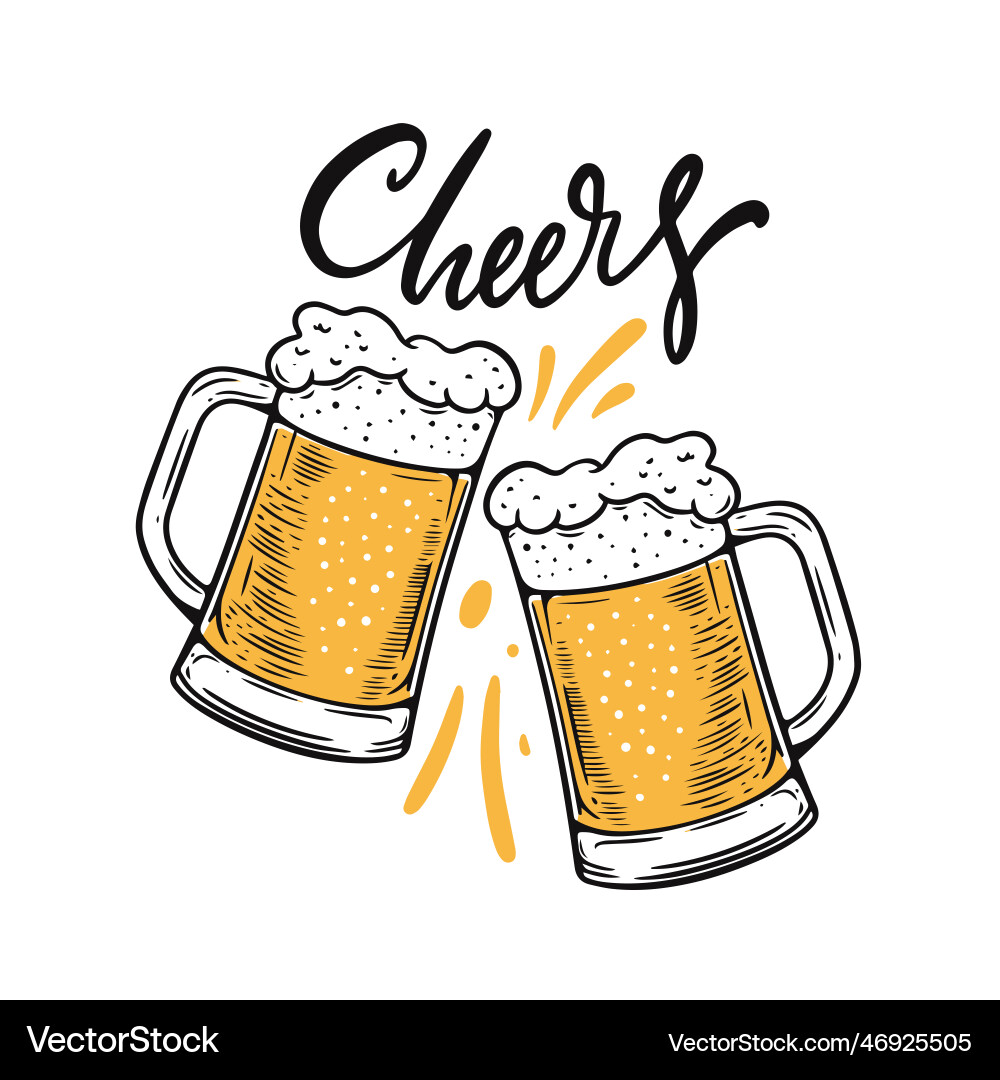 Cheers lettering phrase and two beer Royalty Free Vector